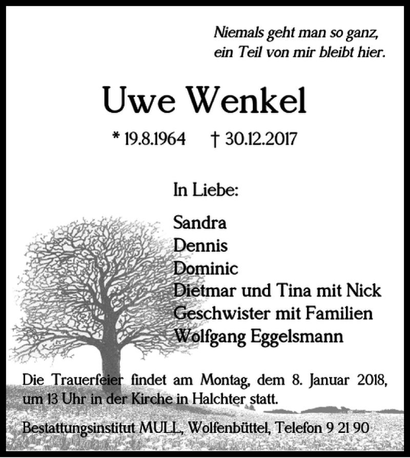Traueranzeigen von Uwe Wenkel | trauer38.de