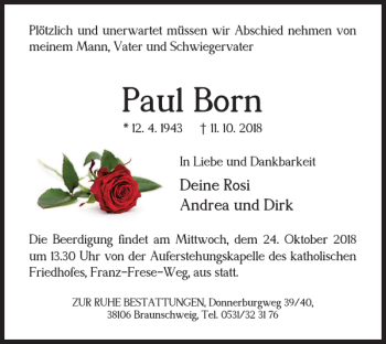 Traueranzeigen von Paul Born | trauer38.de