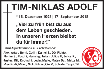 Traueranzeigen von TIM-NIKLAS ADOLF | trauer38.de