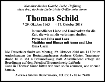 Traueranzeigen von Thomas Schild | trauer38.de