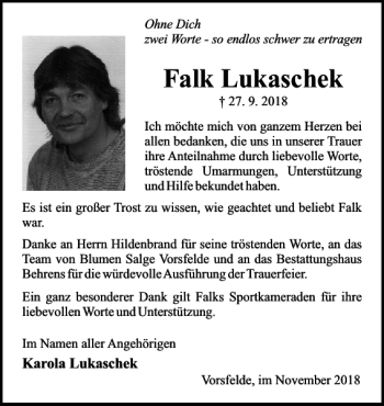 Traueranzeigen von Falk Lukaschek | trauer38.de