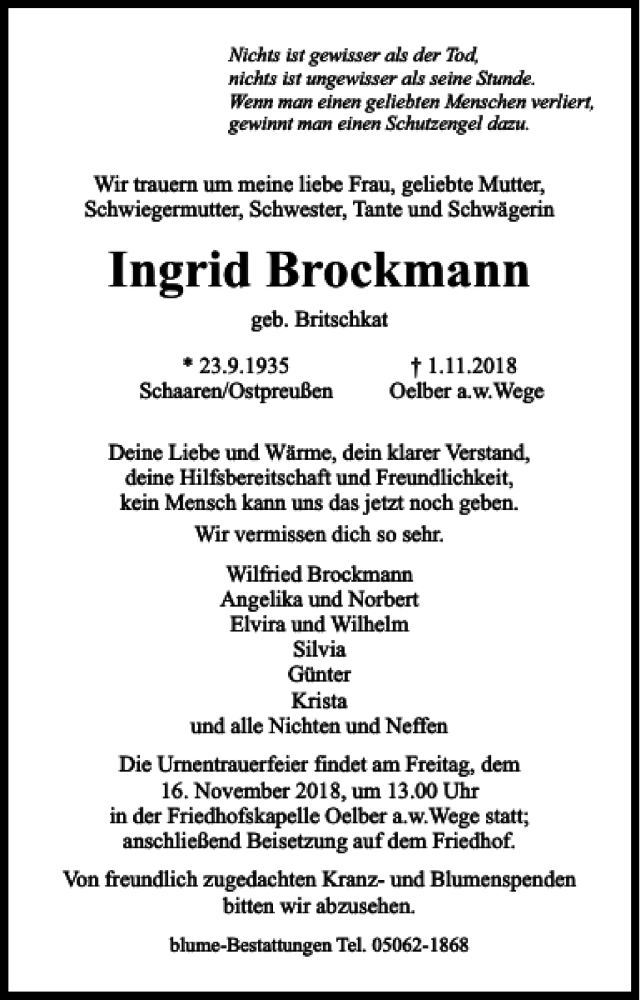 Traueranzeigen von Ingrid Brockmann | trauer38.de