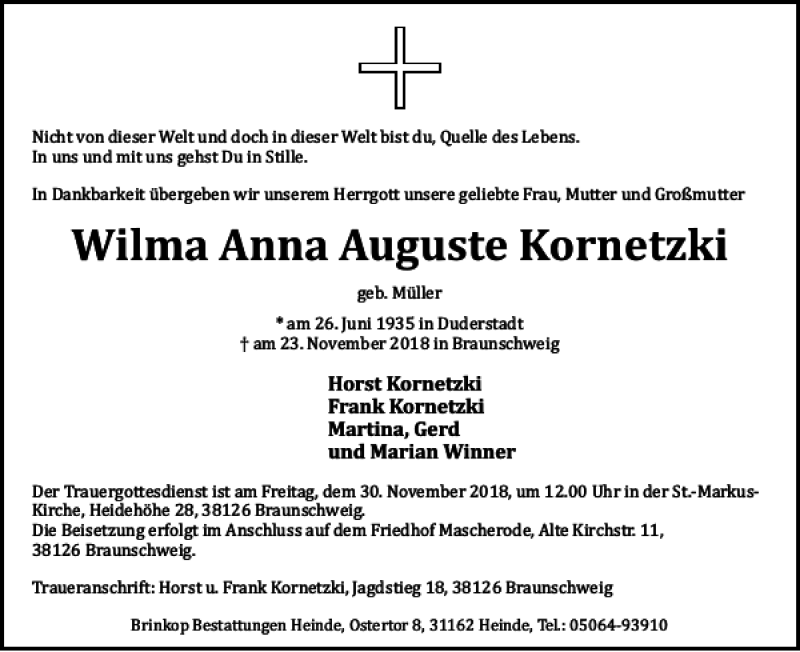 Traueranzeigen von Wilma Anna Auguste Kornetzki | trauer38.de