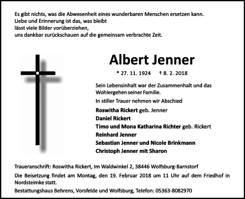 Traueranzeigen von Albert Jenner | trauer38.de