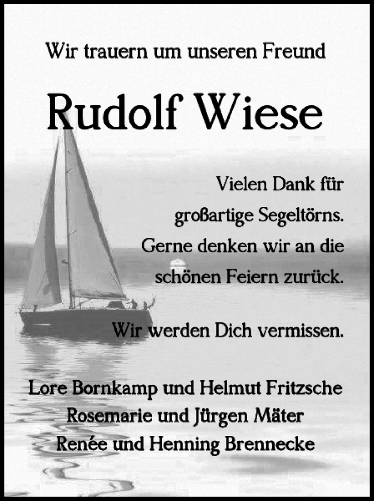 Traueranzeigen von Rudolf Wiese | trauer38.de