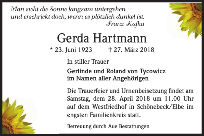 Traueranzeigen von Gerda Hartmann | trauer38.de
