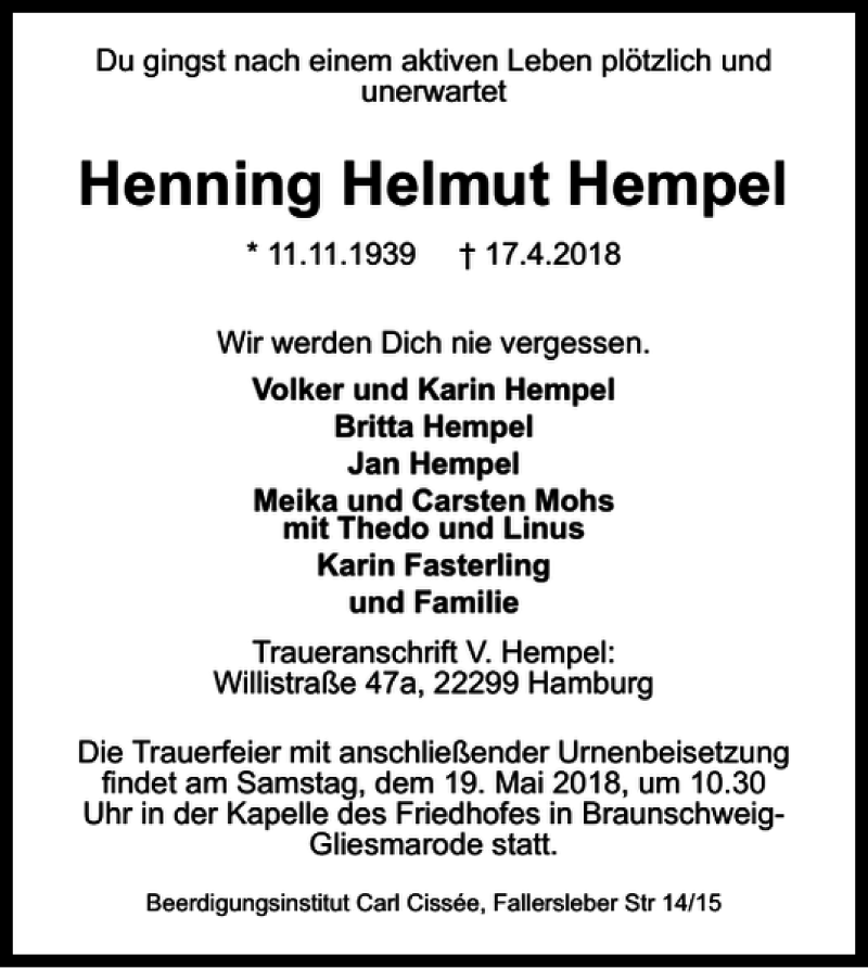 Traueranzeigen von Henning Helmut Hempel | trauer38.de