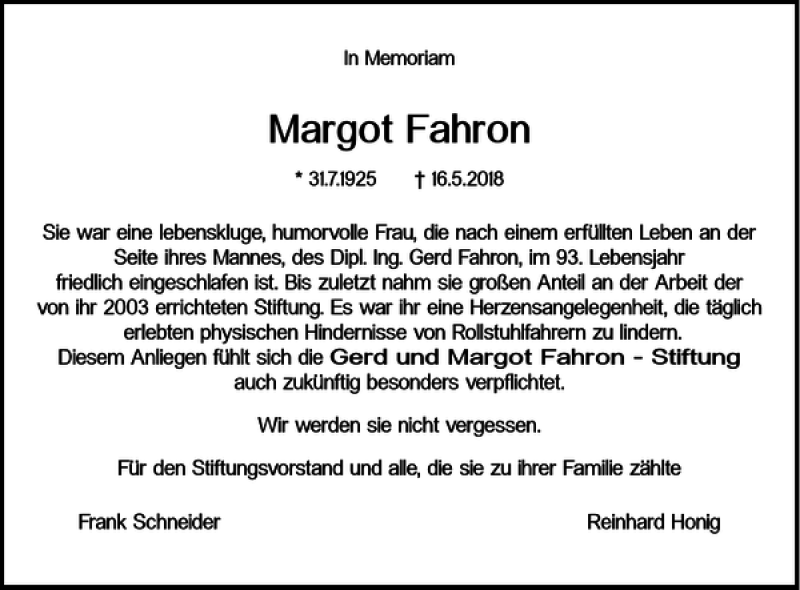 Traueranzeigen von Margot Fahron | trauer38.de