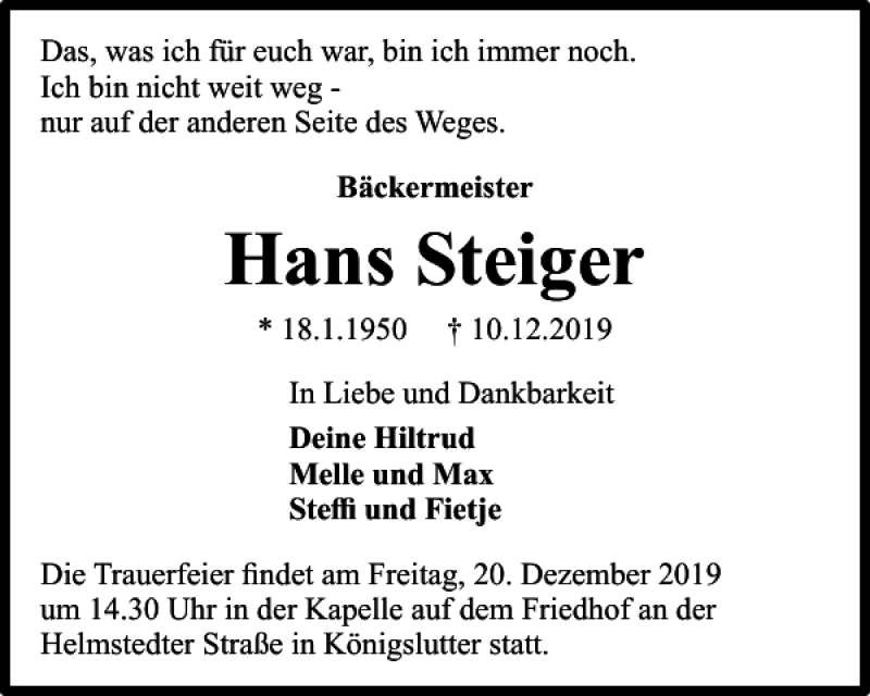 Traueranzeigen von Hans Steiger | trauer38.de