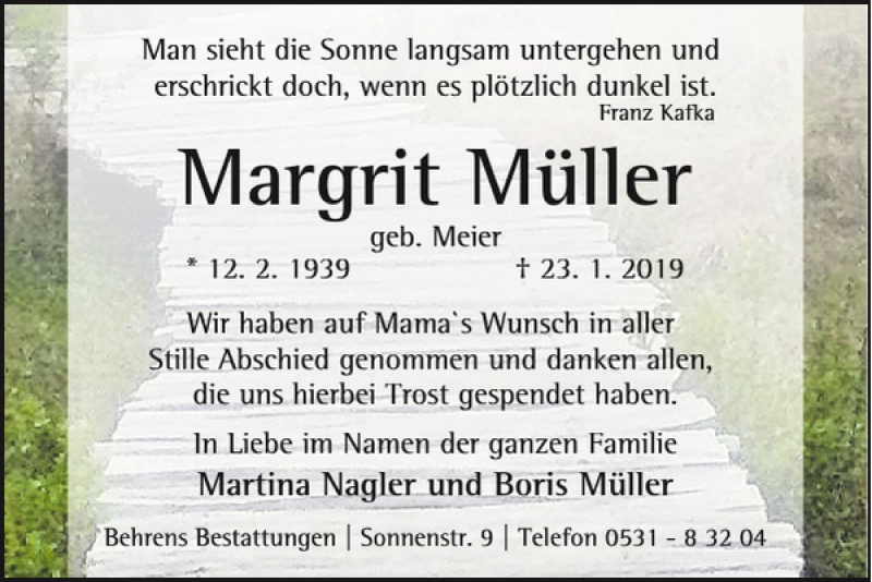 Traueranzeigen von Margrit Müller | trauer38.de
