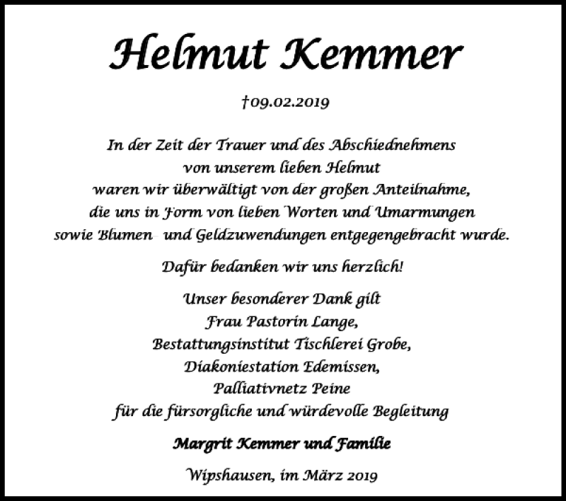 Traueranzeigen von Helmut Kemmer | trauer38.de