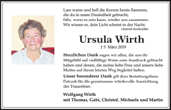 Traueranzeigen von Ursula Wirth | trauer38.de