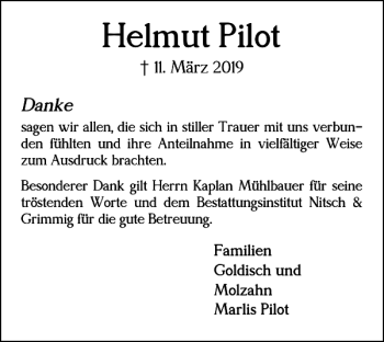 Traueranzeigen von Helmut Pilot | trauer38.de