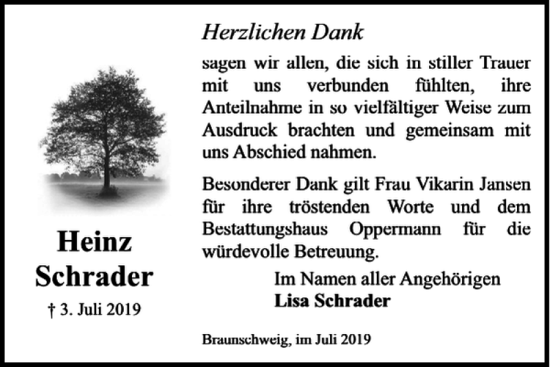 Traueranzeigen von Heinz Schrader | trauer38.de