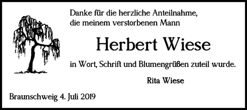 Traueranzeigen von Herbert Wiese | trauer38.de