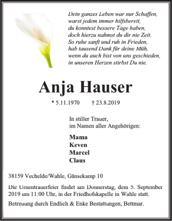 Traueranzeigen von Anja Hauser | trauer38.de