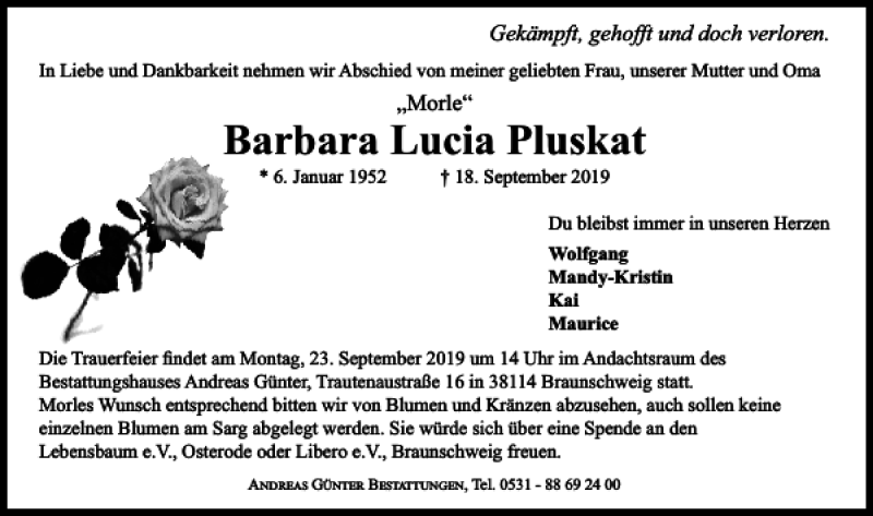 Traueranzeigen von Barbara Lucia Pluskat | trauer38.de