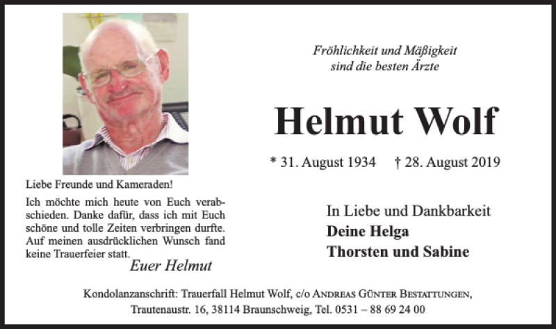 Traueranzeigen von Helmut Wolf | trauer38.de