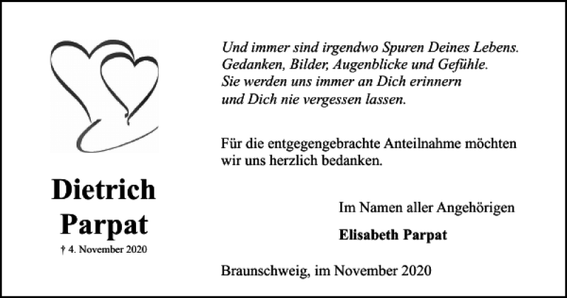 Traueranzeigen von Dietrich Parpat | trauer38.de