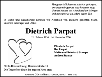Traueranzeigen von Dietrich Parpat | trauer38.de