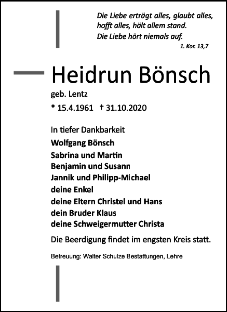 Traueranzeigen von Heidrun Bönsch | trauer38.de