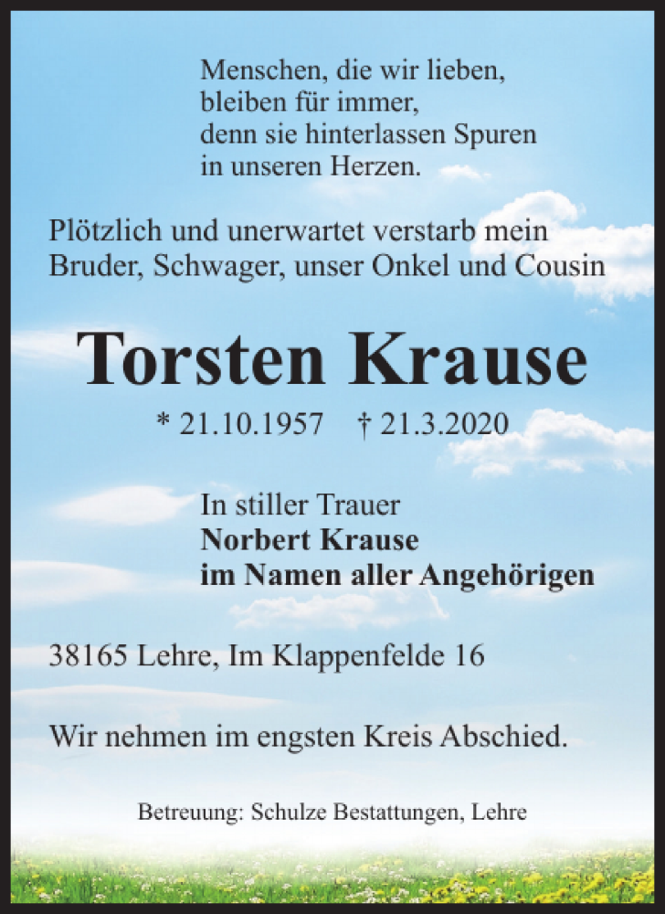 Traueranzeigen von Torsten Krause | trauer38.de