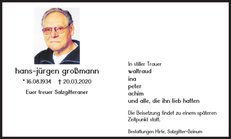 Traueranzeigen von hans-jürgen großmann | trauer38.de