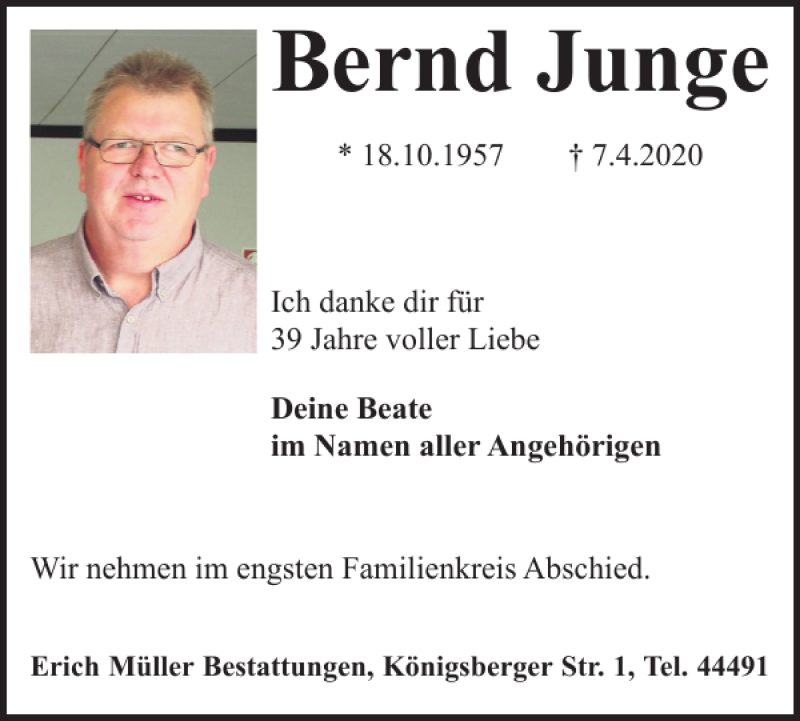 Traueranzeigen von Bernd Junge | trauer38.de