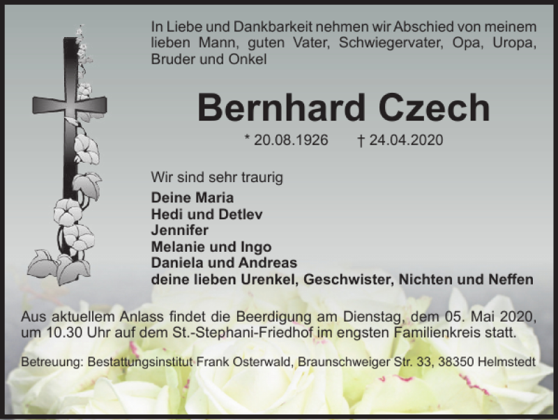 Traueranzeigen von Bernhard Czech | trauer38.de