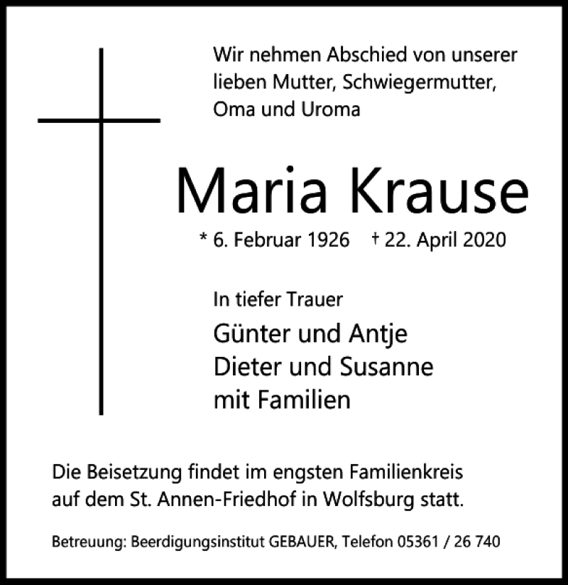 Traueranzeigen von Maria Krause | trauer38.de