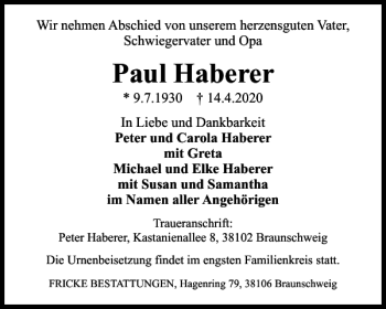Traueranzeigen von Paul Haberer | trauer38.de