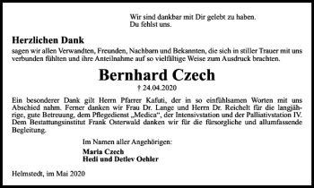 Traueranzeigen von Bernhard Czech | trauer38.de