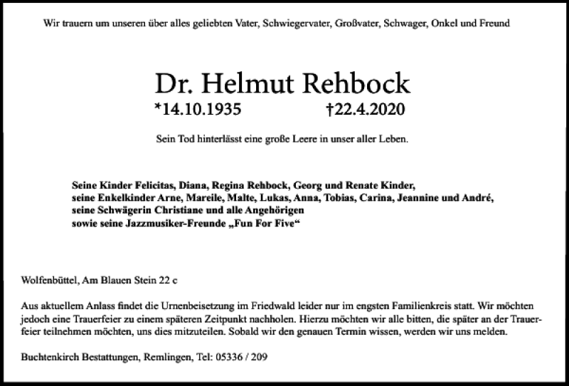 Traueranzeigen von Dr. Helmut Rehbock | trauer38.de
