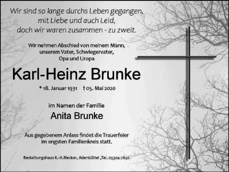 Traueranzeigen von Karl-Heinz Brunke | trauer38.de