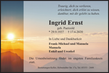 Traueranzeigen von Ingrid Ernst | trauer38.de