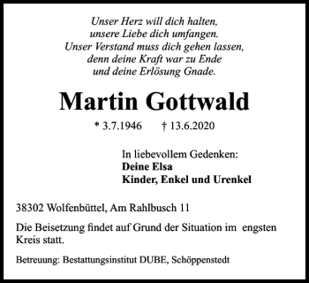 Traueranzeigen von Martin Gottwald | trauer38.de