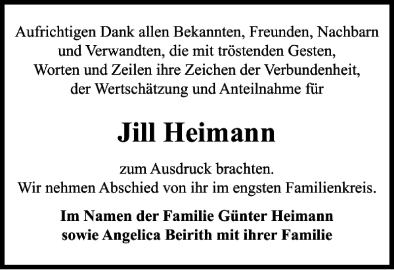 Traueranzeigen von Jill Heimann | trauer38.de