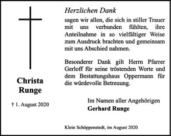 Traueranzeigen von Christa Runge | trauer38.de