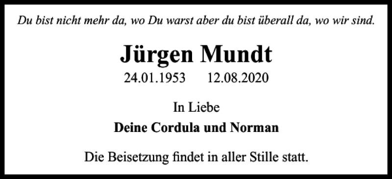 Traueranzeigen von Jürgen Mundt | trauer38.de