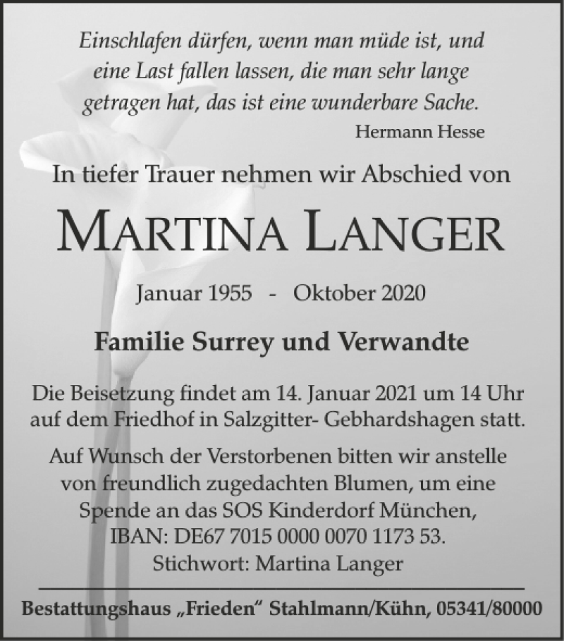 Traueranzeigen von Martina Langer | trauer38.de