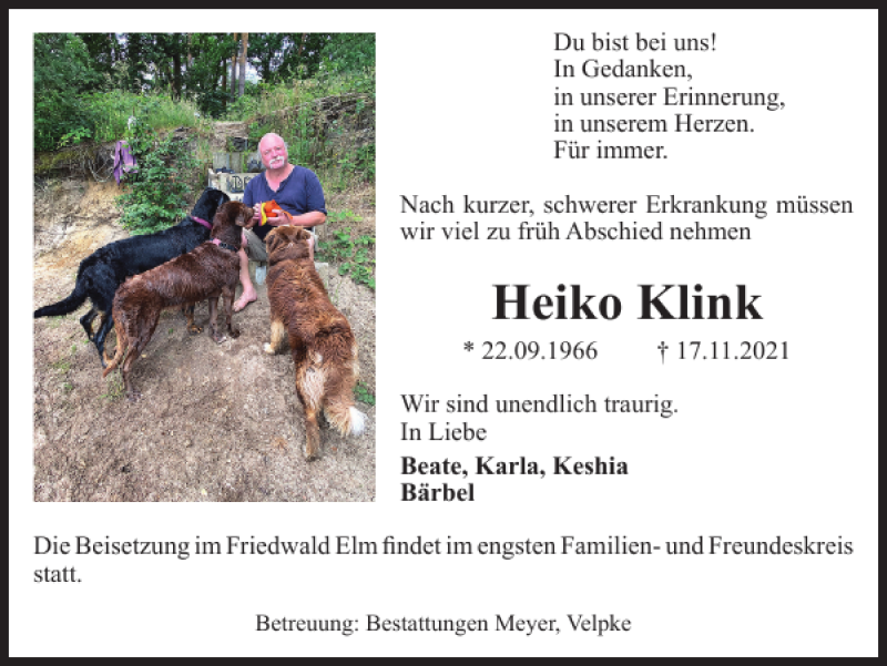 Traueranzeigen von Heiko Klink | trauer38.de