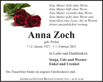 Traueranzeigen von Anna Zoch | trauer38.de