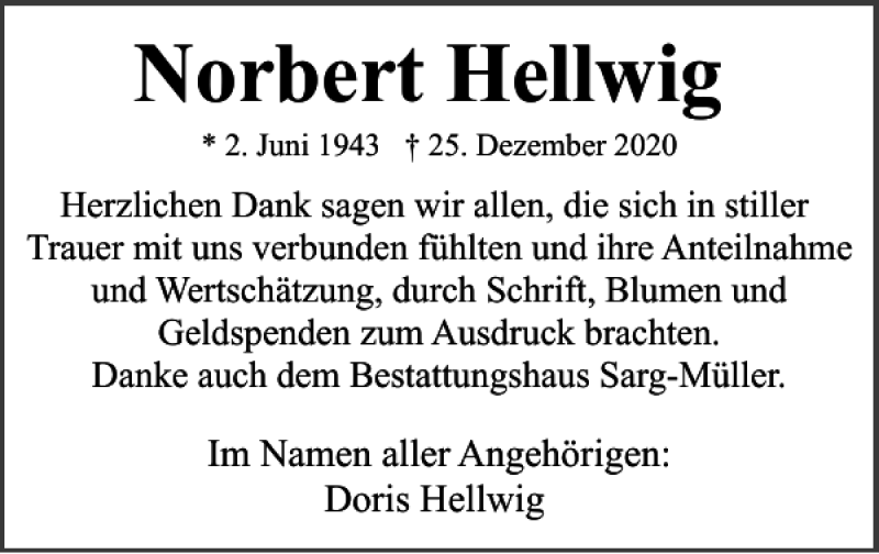 Traueranzeigen von Norbert Hellwig | trauer38.de