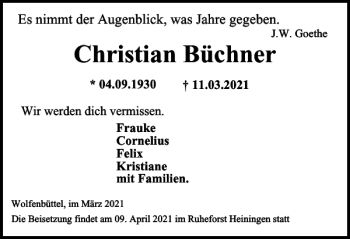 Traueranzeigen von Christian Büchner | trauer38.de