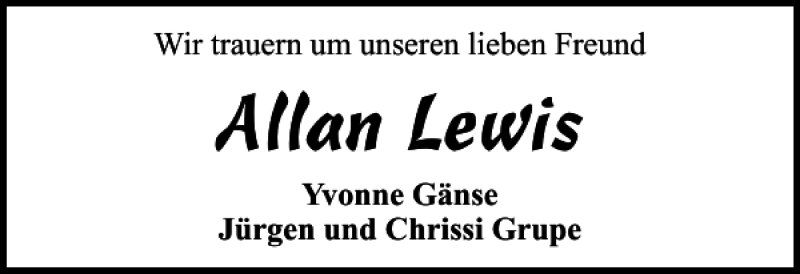 Traueranzeigen von Allan Lewis | trauer38.de