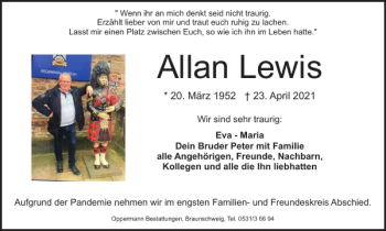 Traueranzeigen von Allan Lewis | trauer38.de