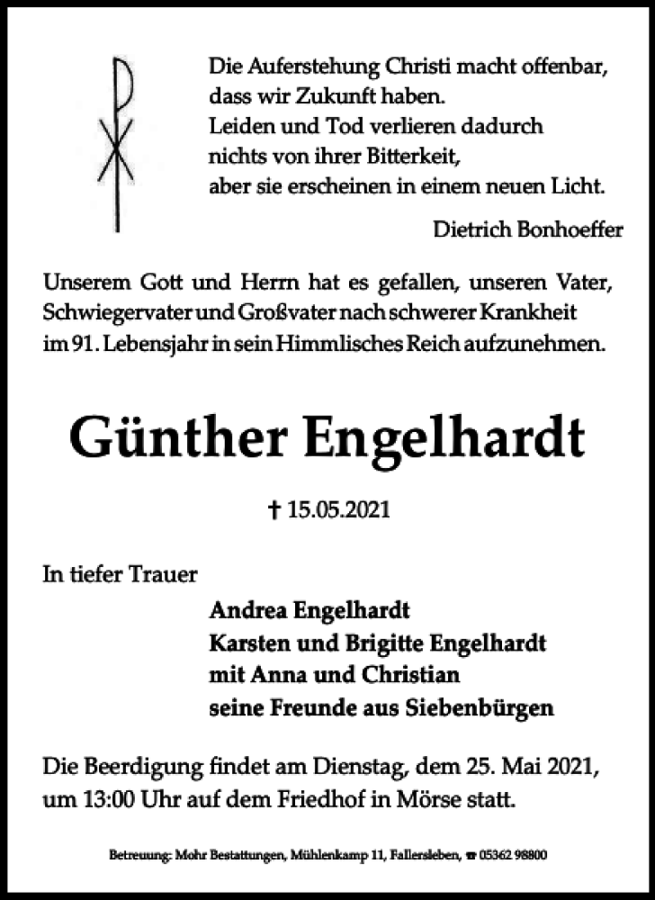 Traueranzeigen von Günther Engelhardt | trauer38.de