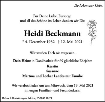 Traueranzeigen von Heidi Beckmann | trauer38.de