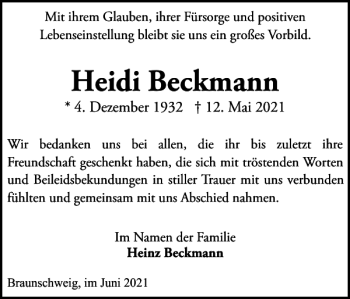 Traueranzeigen von Heidi Beckmann | trauer38.de
