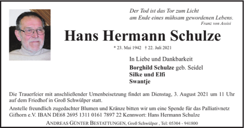 Traueranzeigen von Hans Hermann Schulze | trauer38.de